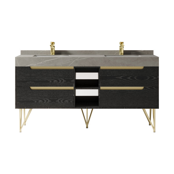 Mercer41 Meuble-lavabo double 60 po avec comptoir en faux marbre, meuble-lavabo sur pied noir ...